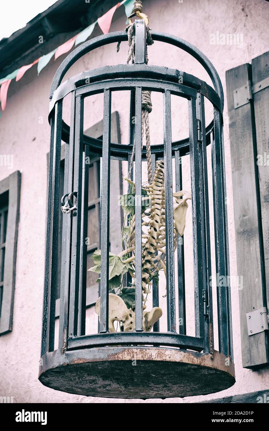 A skeleton in a cage hanging on the background of an old house. Cage ...