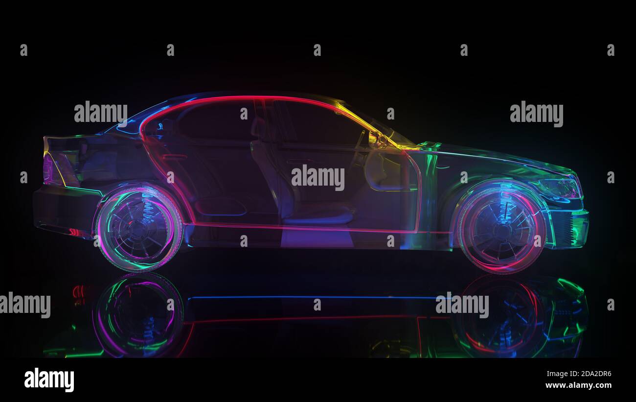 Glass car with neon lighting. The edges of the car are highlighted ...