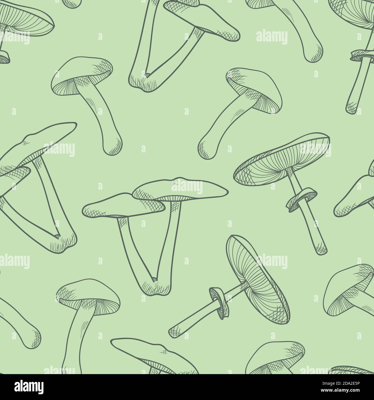 Line art mushrooms green repeat pattern background. Hand-drawn ...