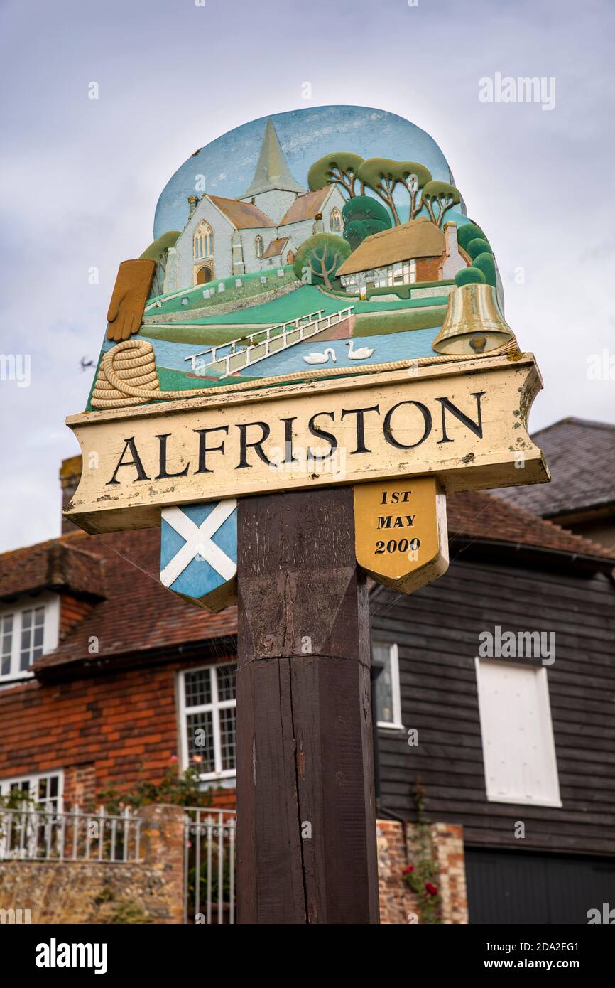 UK, England, East Sussex, Alfriston, painted wooden village sign Stock ...