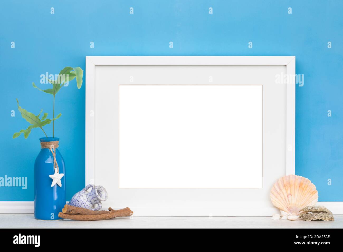 Maritime horizontal picture frame with matte mockup, fern leaves in ...