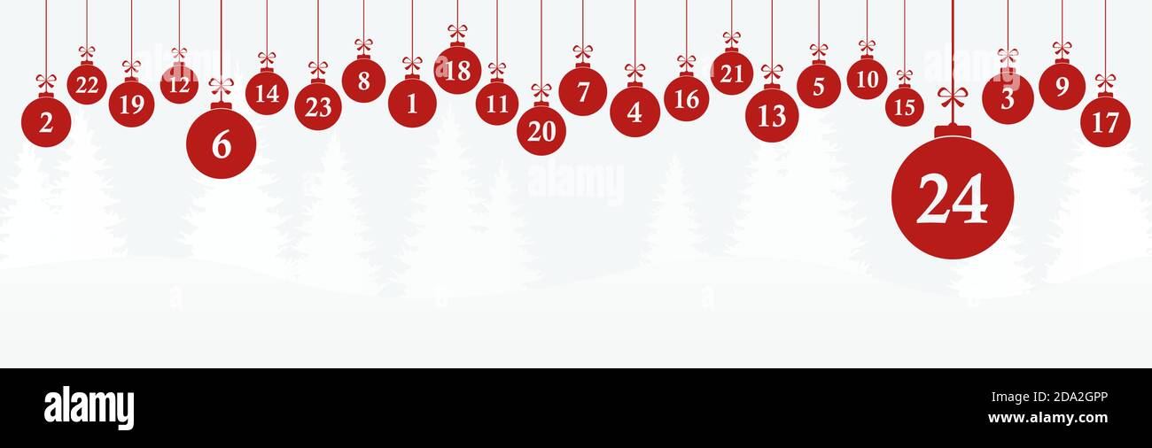 hanging christmas balls colored red with numbers 1 to 24 showing advent ...