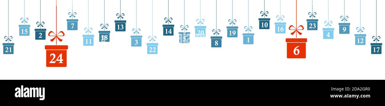 hanging christmas gifts colored blue with numbers 1 to 24 showing ...