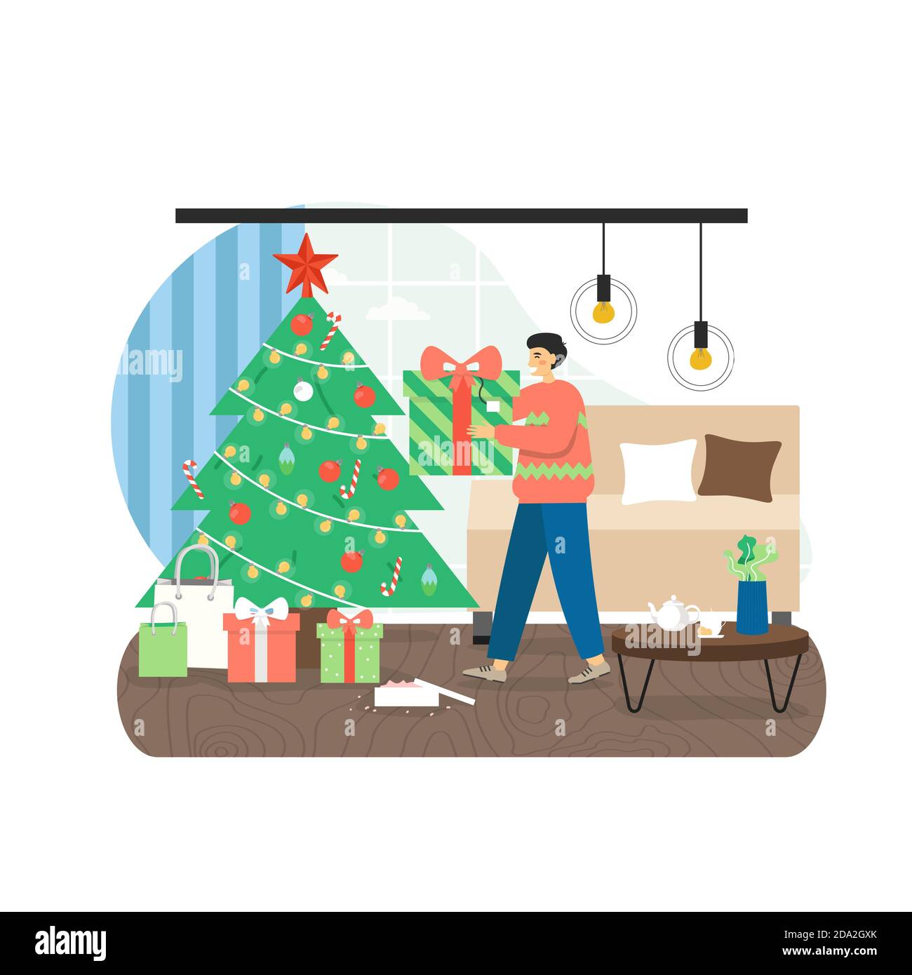 Merry Christmas scene. Young man carrying Xmas present to put it under ...