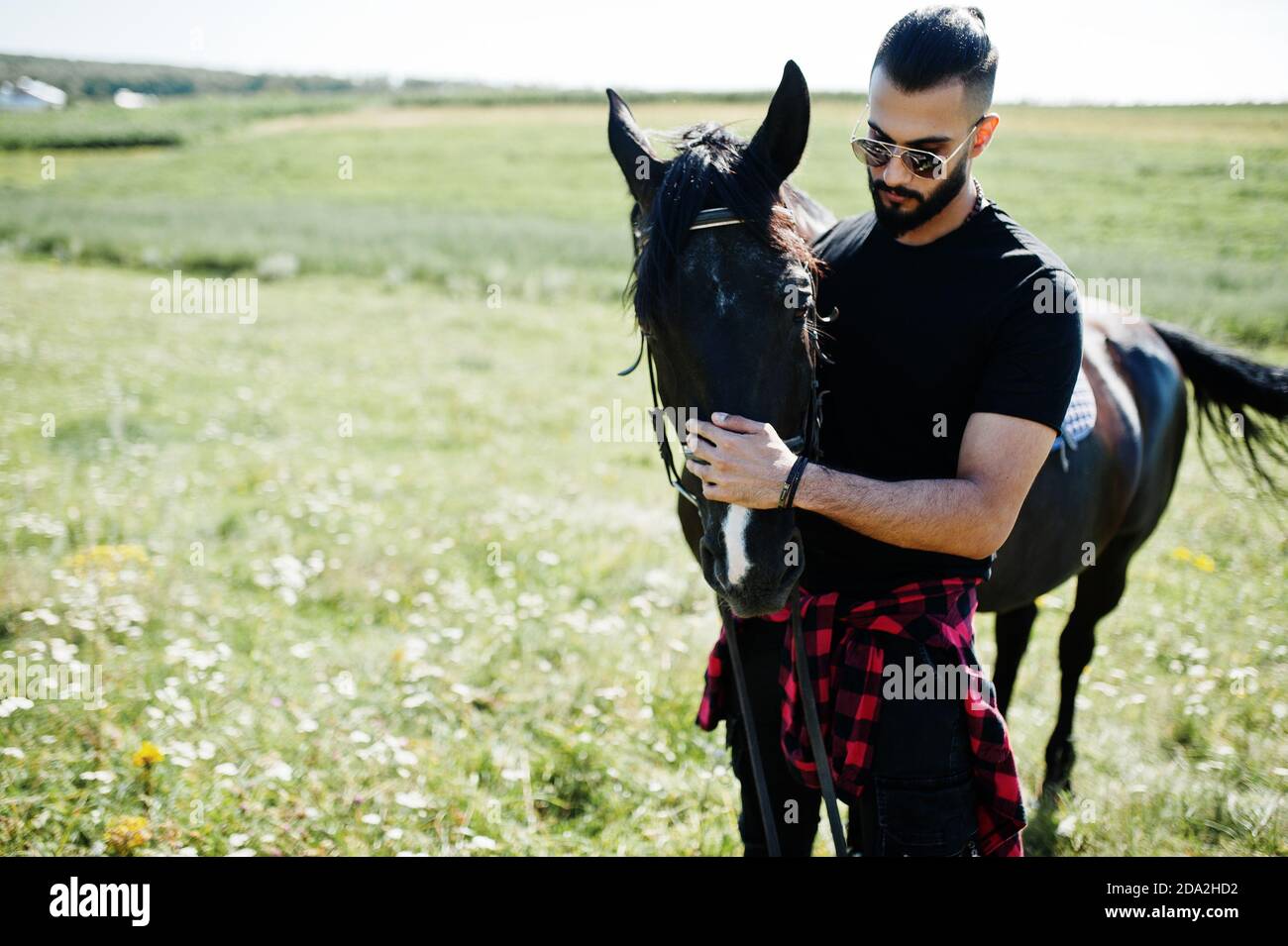 Arab tall beard man wear in black and sunglasses with arabian horse ...