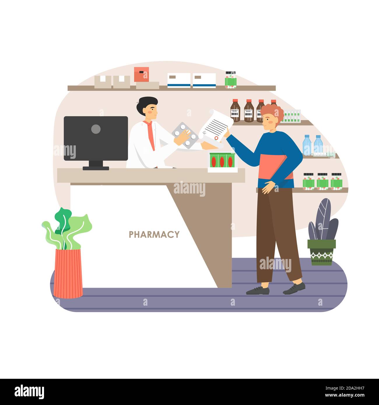 Pharmacy store. Doctor pharmacist at counter, patient buying ...