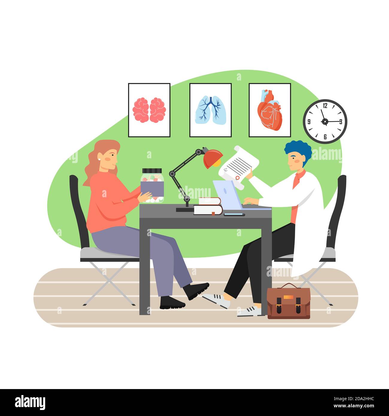 Doctor giving medical prescription to patient sitting at table, flat ...