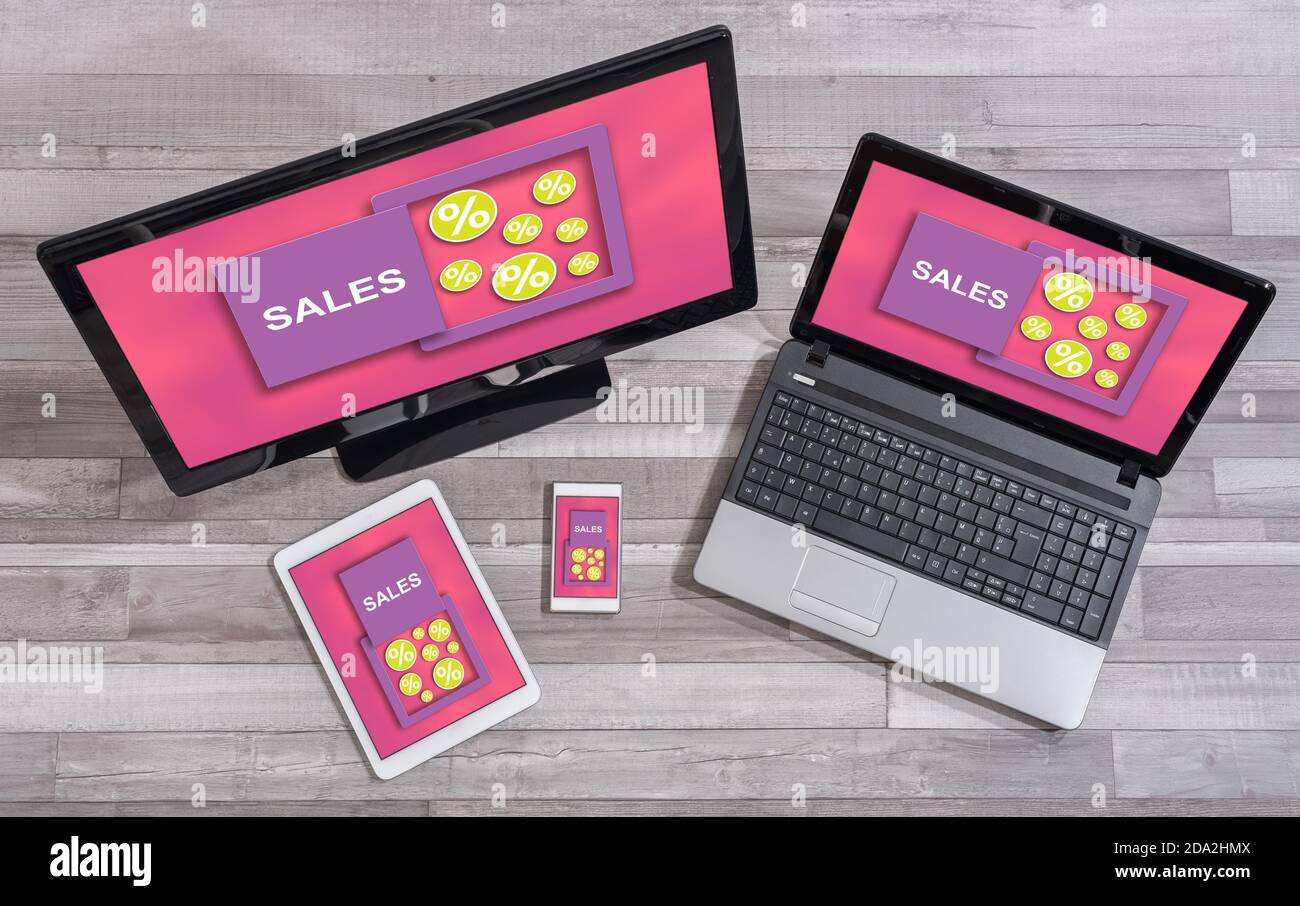 Sales and discounts concept shown on different information technology ...