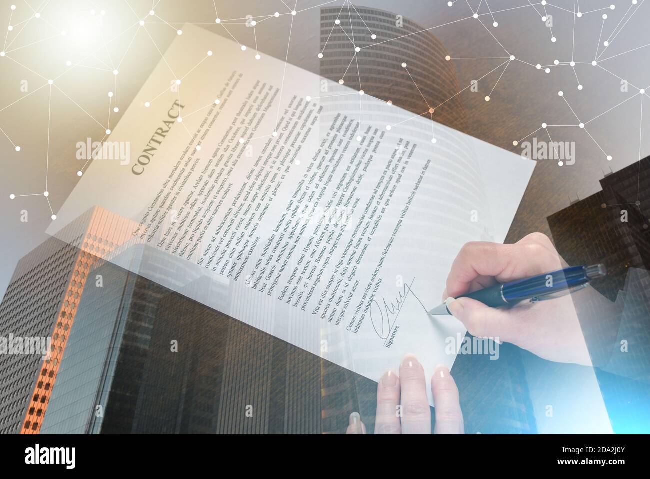 Businesswoman signing a contract, top view; multiple exposure Stock ...