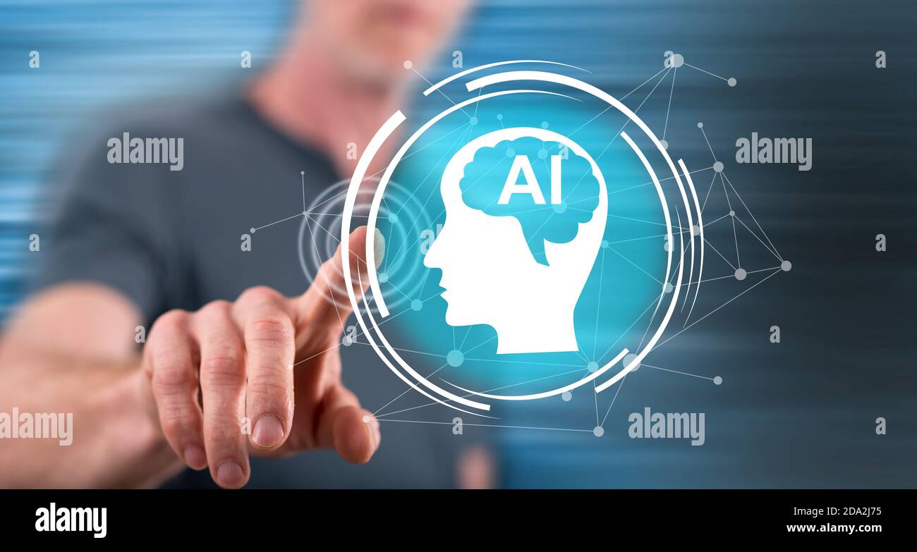 Man touching an artificial intelligence concept on a touch screen with ...