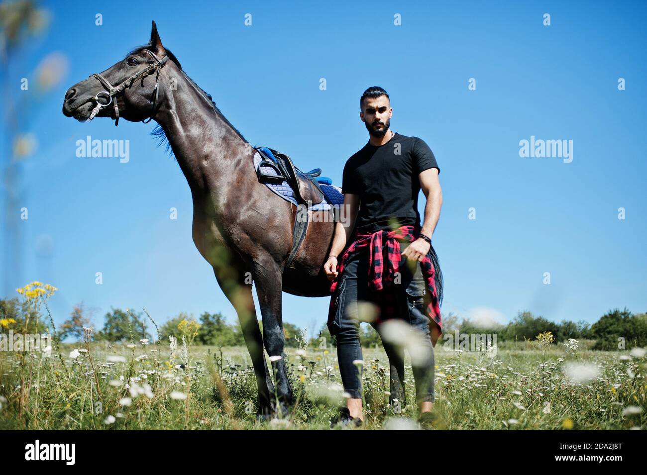 Arab tall beard man wear in black with arabian horse Stock Photo - Alamy