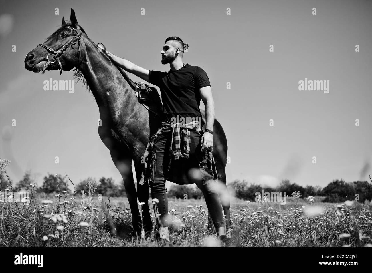 Arab tall beard man wear in black with arabian horse Stock Photo - Alamy