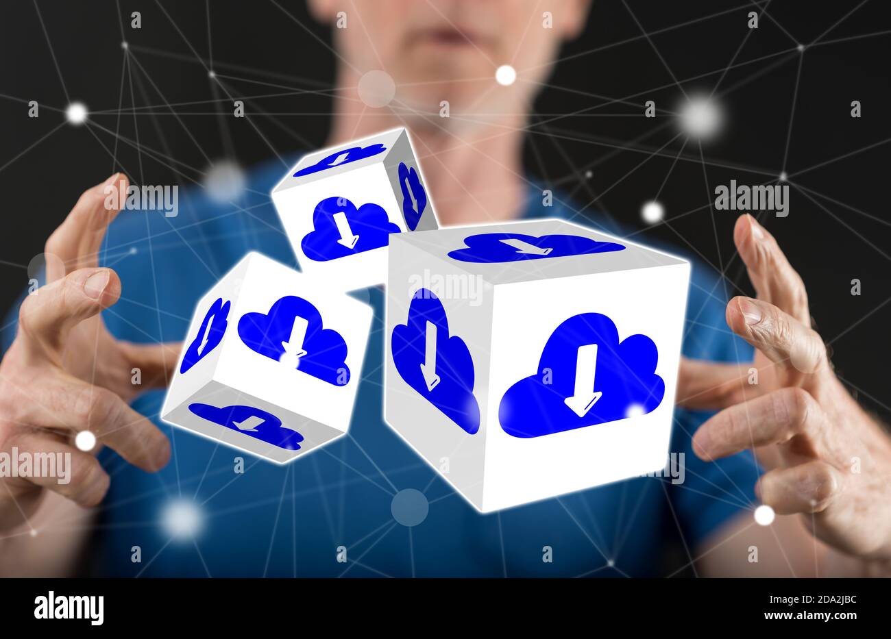 Data download concept between hands of a man in background Stock Photo ...