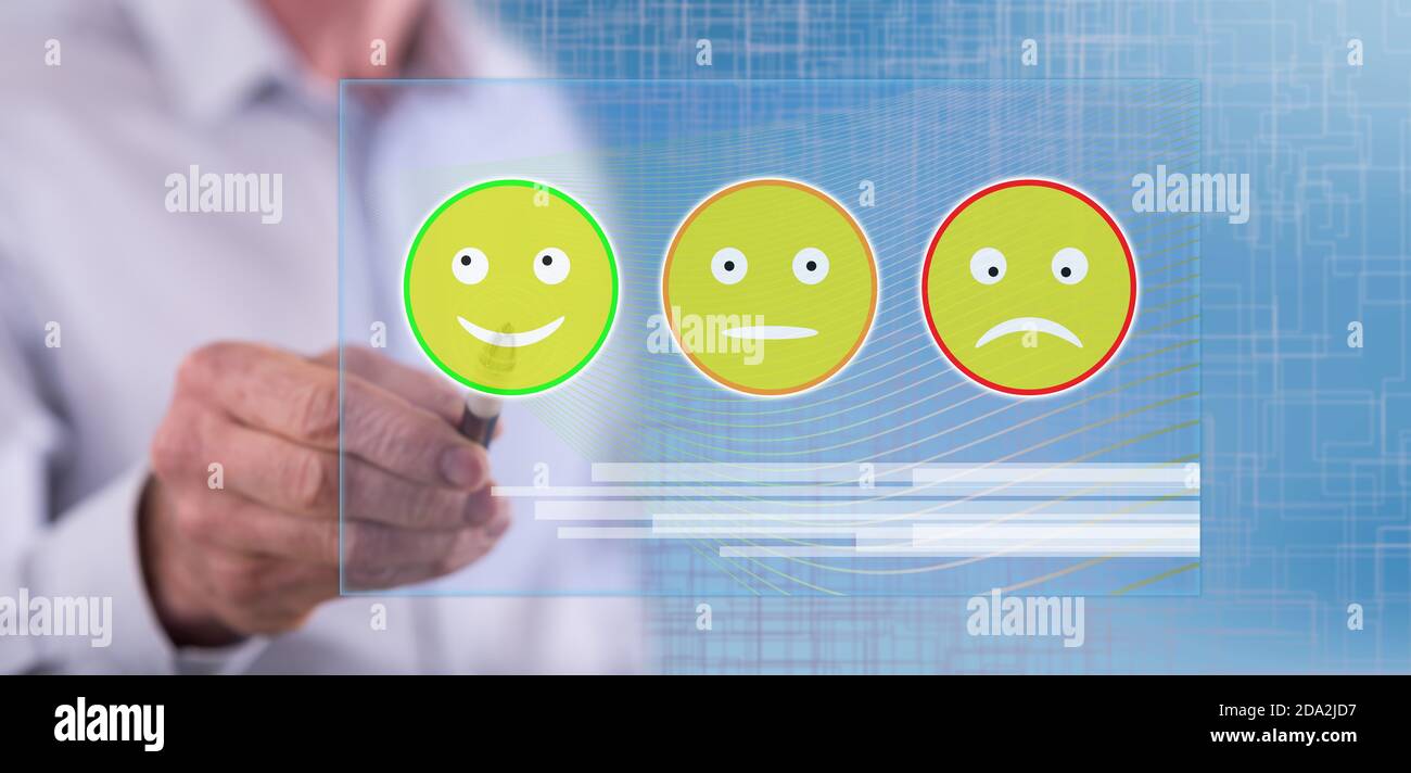 Man touching a customer satisfaction concept on a touch screen with a ...