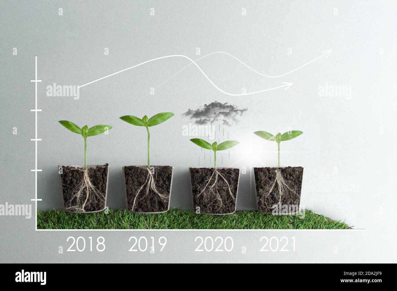 Business slump and recovery stages line graph, with seedlings and roots ...