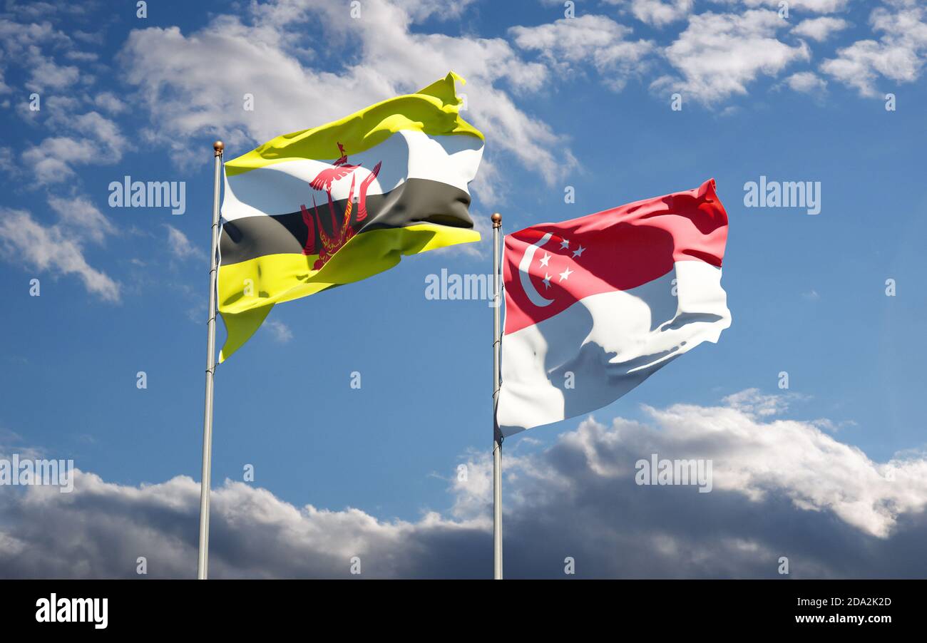 Beautiful national state flags of Singapore and Brunei together at the ...