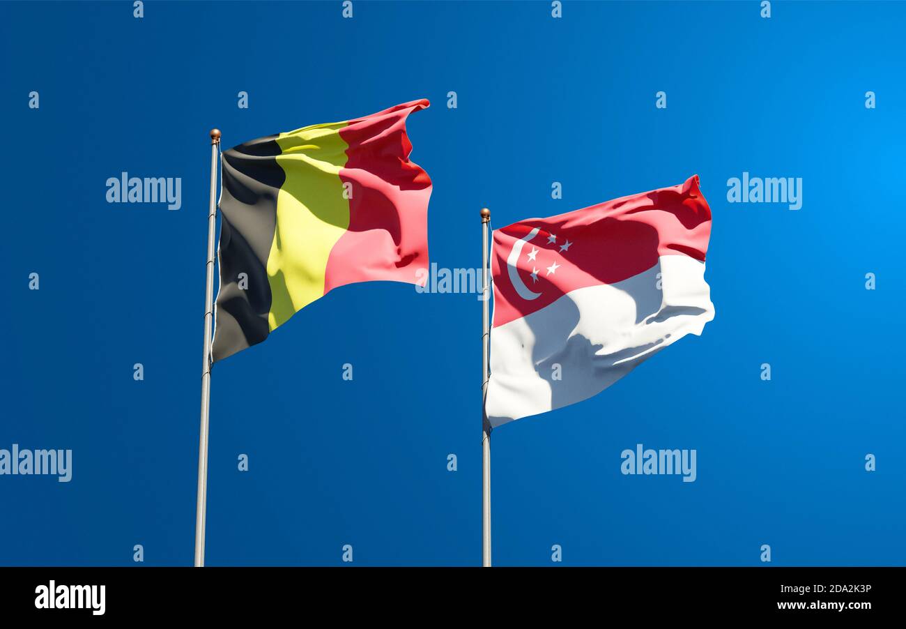 Beautiful national state flags of Singapore and Belgium together at the ...