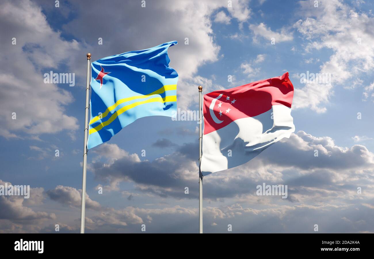 Beautiful national state flags of Singapore and Aruba together at the ...