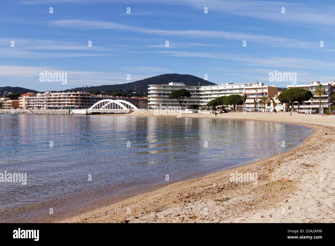 Sainte Maxime Beach and famous bridge - French Riviera - France Stock ...