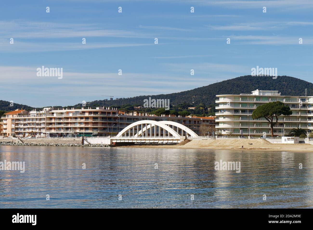Sainte Maxime Beach and famous bridge - French Riviera - France Stock ...