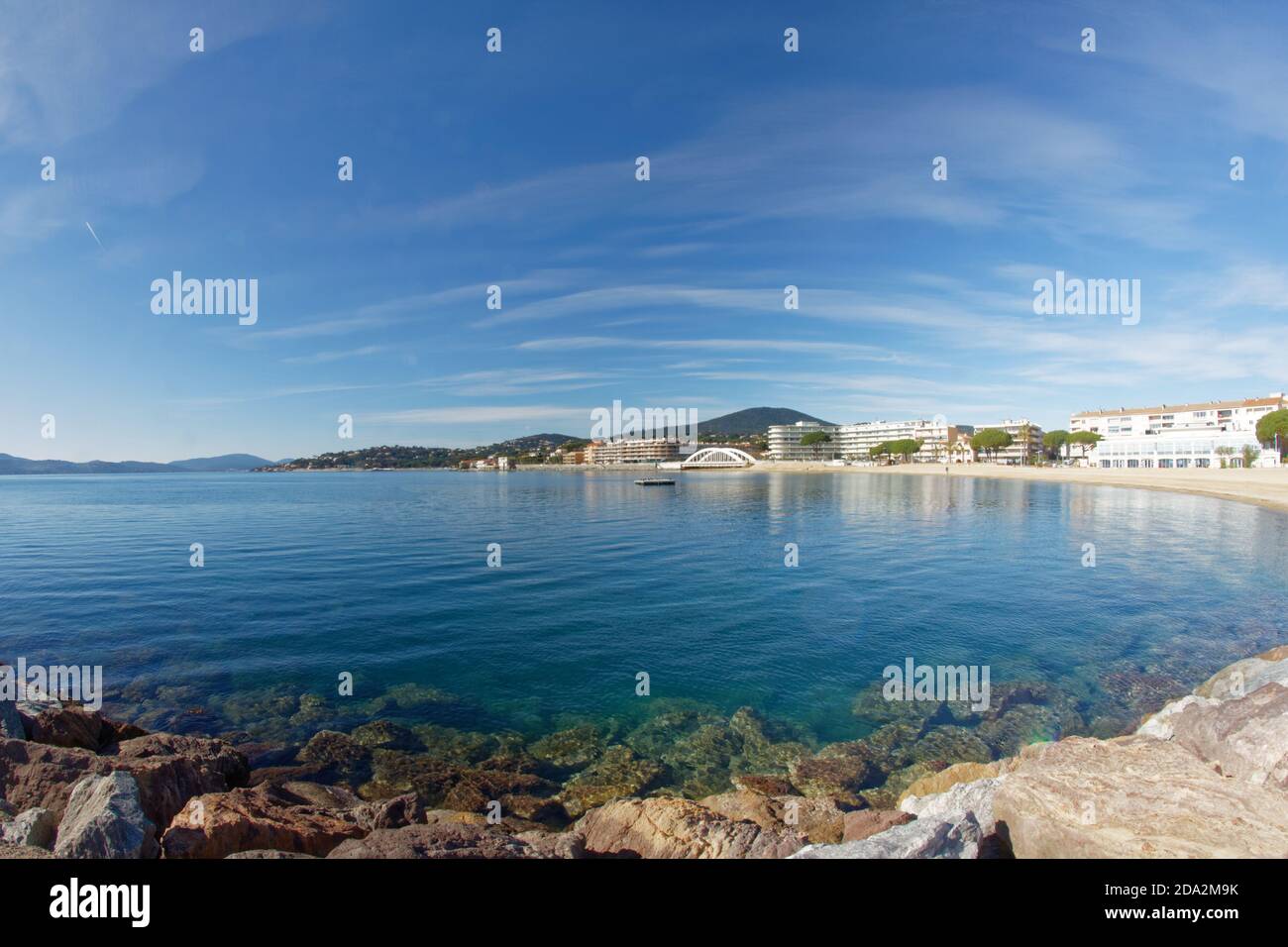 Sainte Maxime Beach and famous bridge - French Riviera - France Stock ...