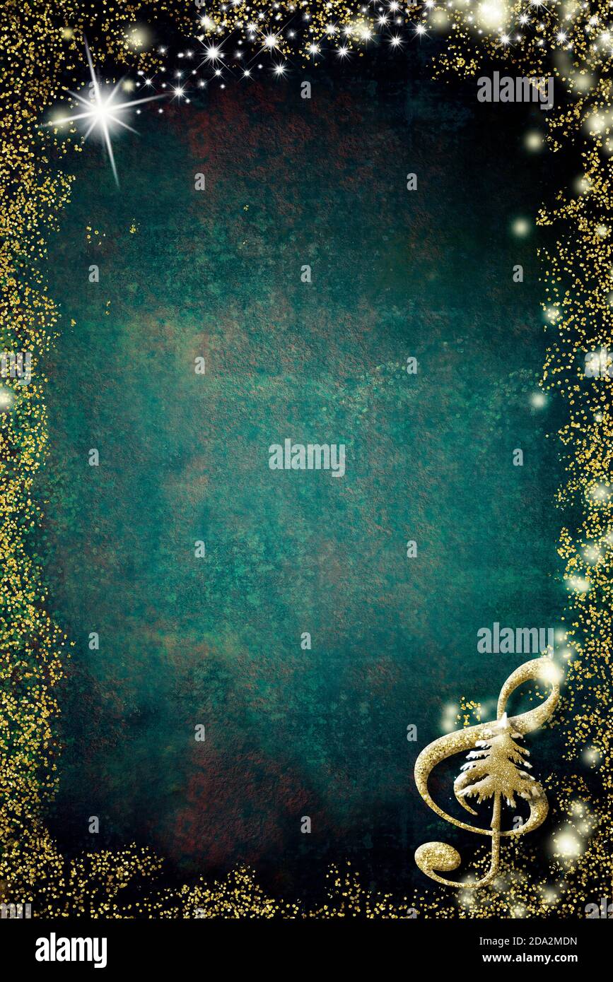 Christmas musical empty background. Treble clef, fir tree and Bethlehem ...