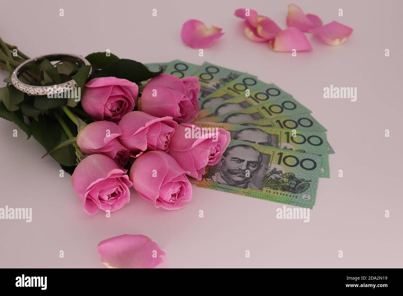 Bouquet of pink roses with cash on a white background with space for ...
