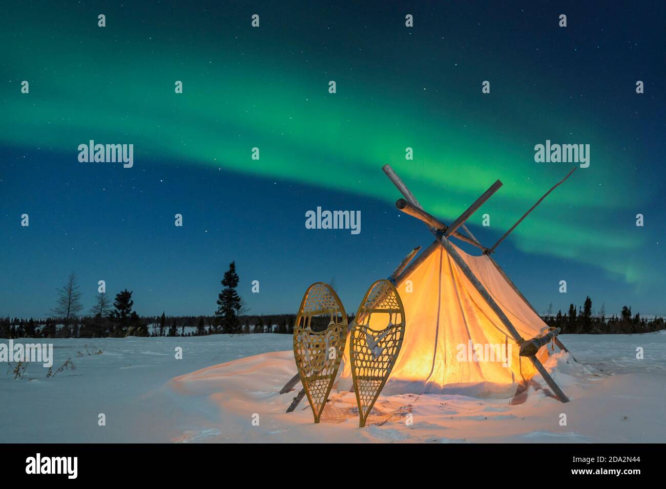 Trappers tent with snowshoes and nightsky with Aurora borealis ...