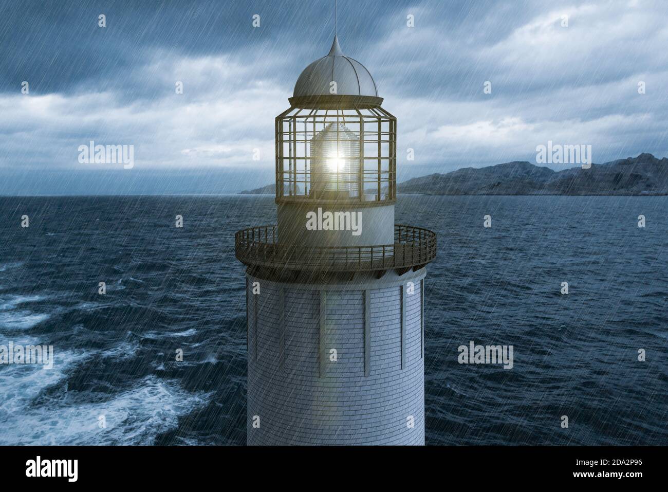 3D rendering of a lighthouse in the rain with the sea in the background ...