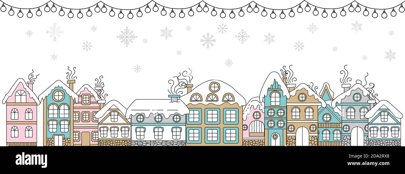 Vector horizontal winter banner Christmas snowy houses Stock Vector ...