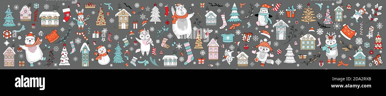 Vector horizontal banner Christmas characters on grey Stock Vector ...