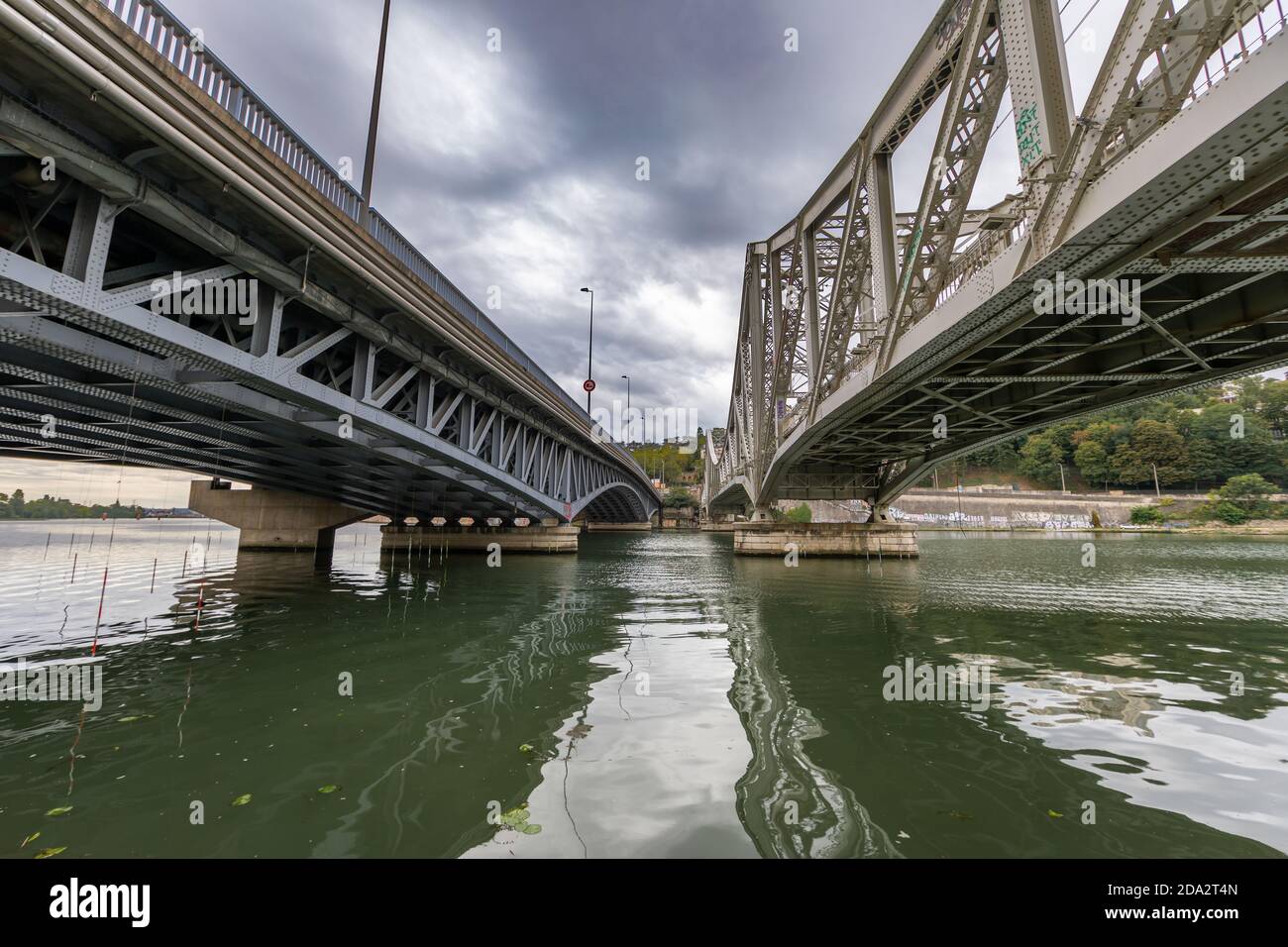 Lyon, France - Bridges over Saone river (Mulatiere bridges Stock Photo ...