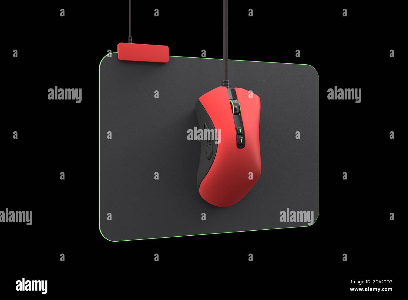 Modern red gaming mouse on professional pad isolated on black with ...