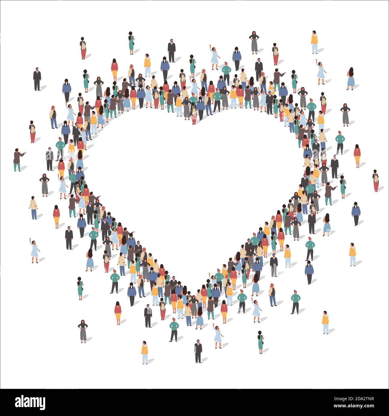 Large group of people forming human heart shape frame, flat vector ...
