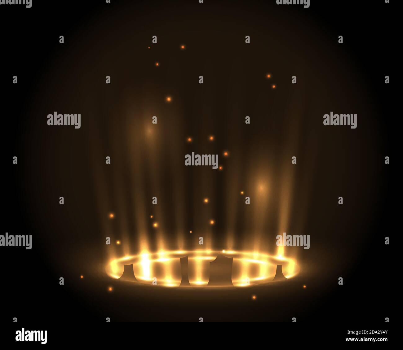 Round glow golden rays night scene with sparks on dark background ...