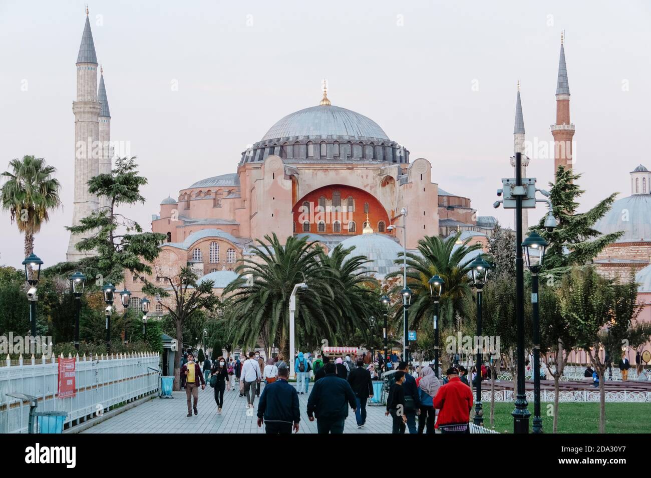 Ayasofia Mosque in Istanbul with a promenade and palm trees. Landmark ...