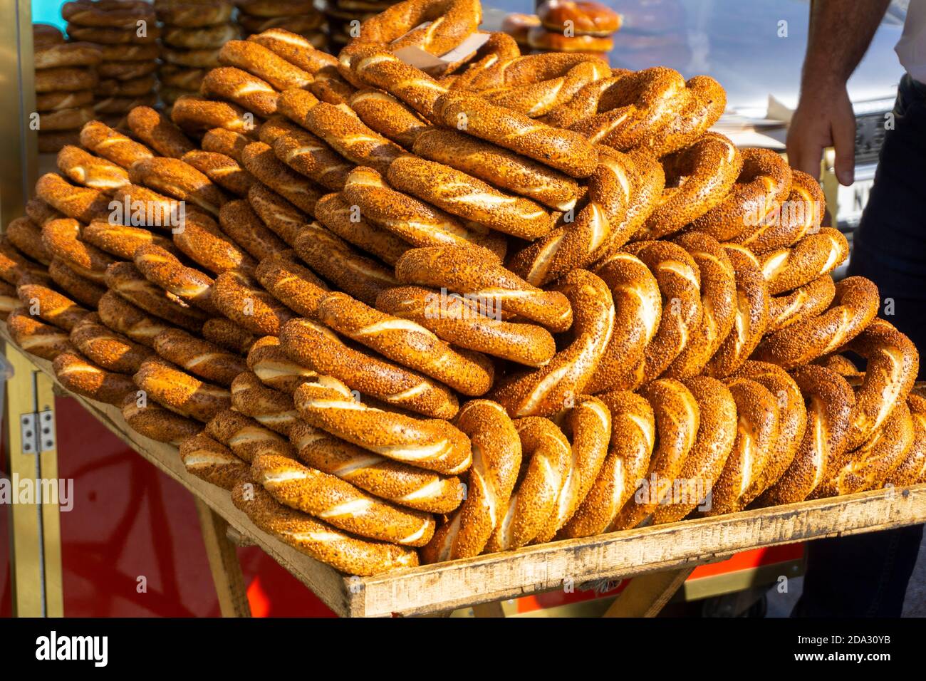 Turkish simit bread. Traditional Turkish bagel with sesame seeds sold ...