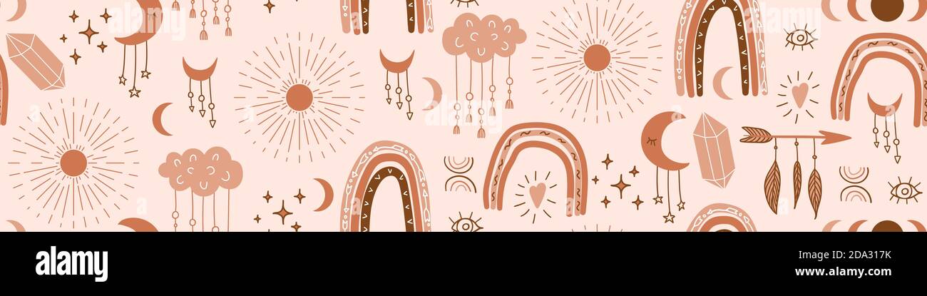 Seamless horizontal border with hand drawn objects in boho style ...