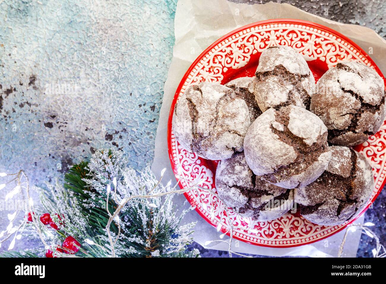 Chocolate crinkle cookies with powdered sugar icing, top view Stock ...
