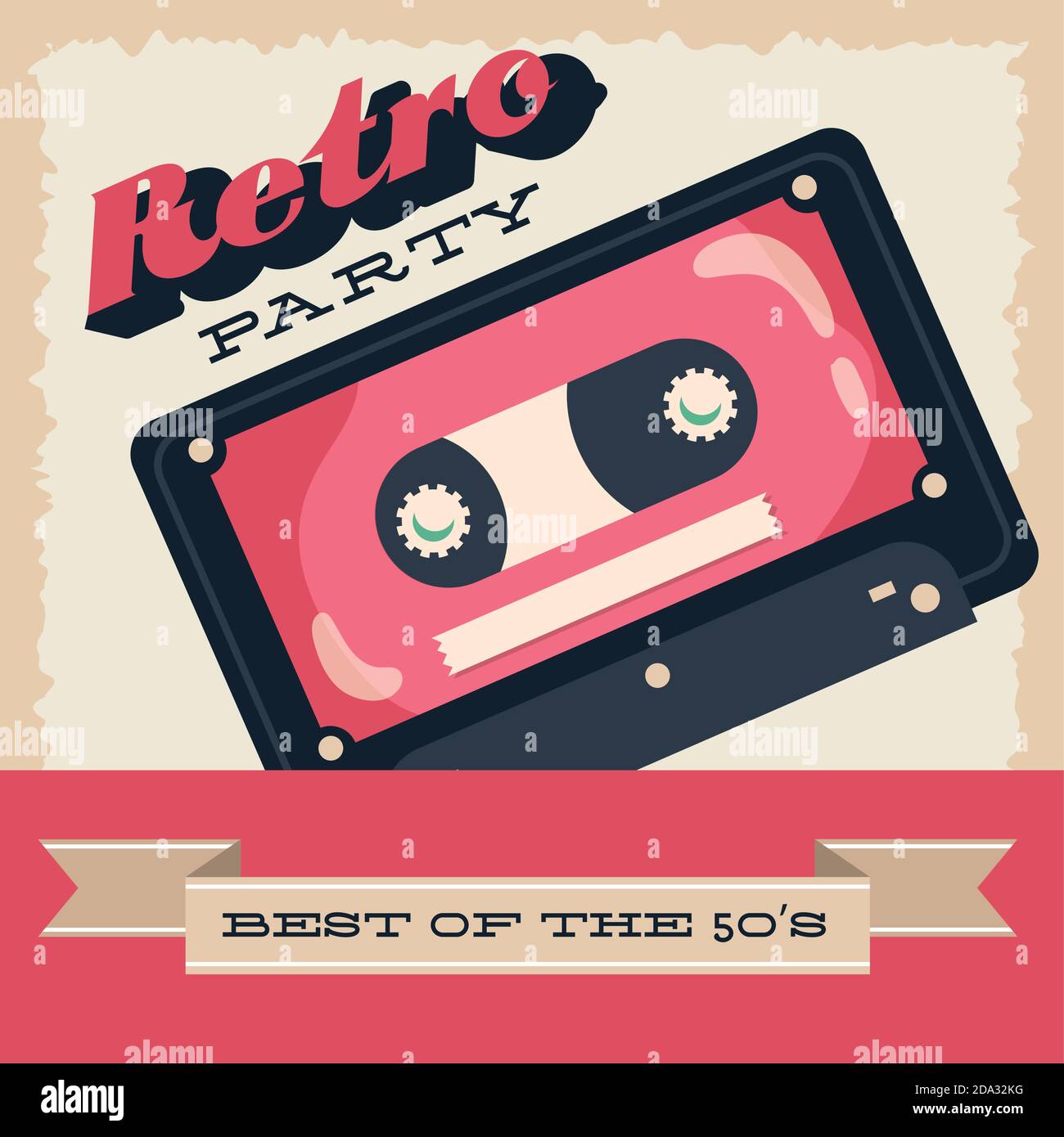 party retro style poster with cassette and ribbon frame vector ...