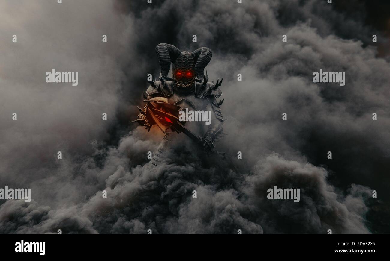 Mutant warrior stands with glowing eyes and holds mace in his hands ...