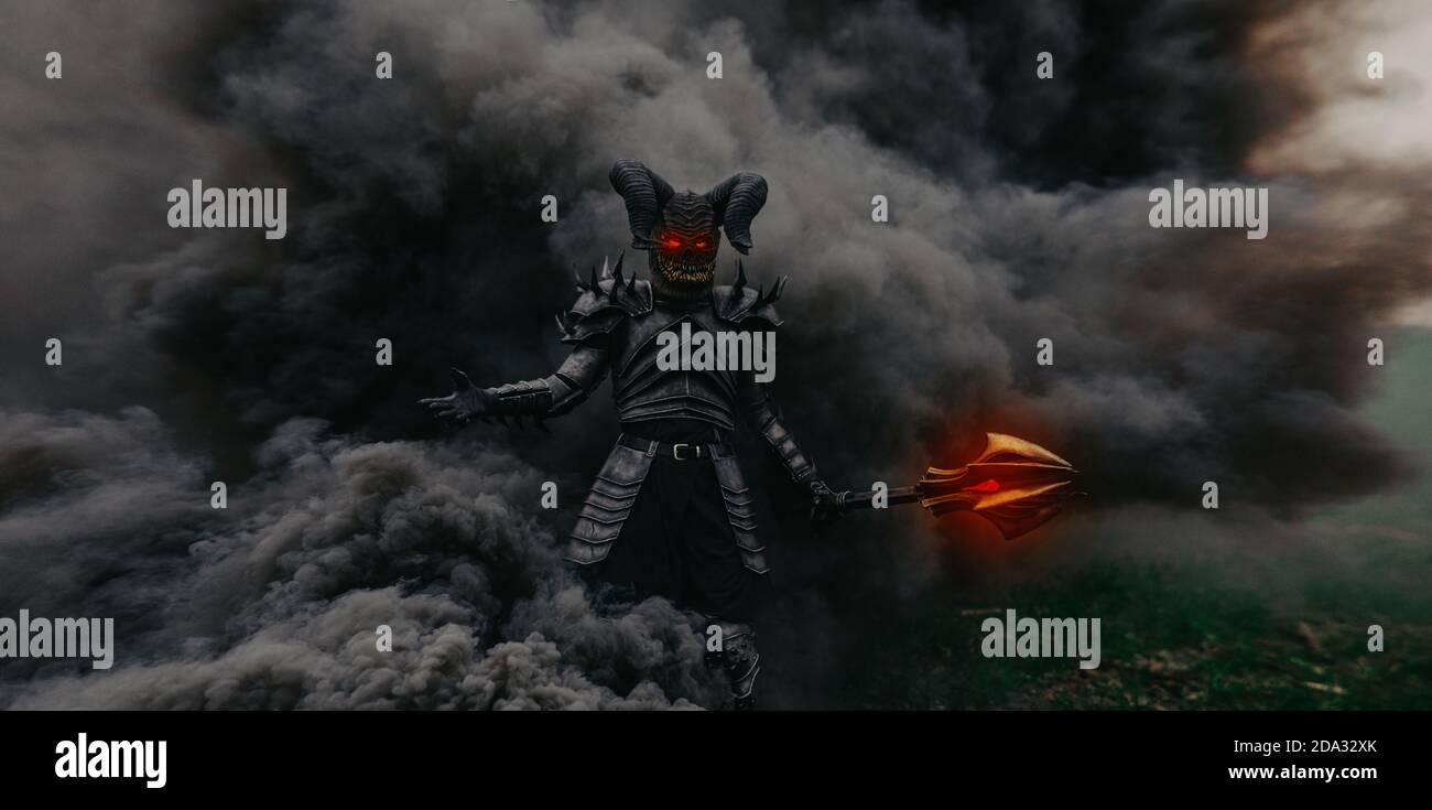 Mutant warrior stands with glowing eyes and holds mace in his hands ...