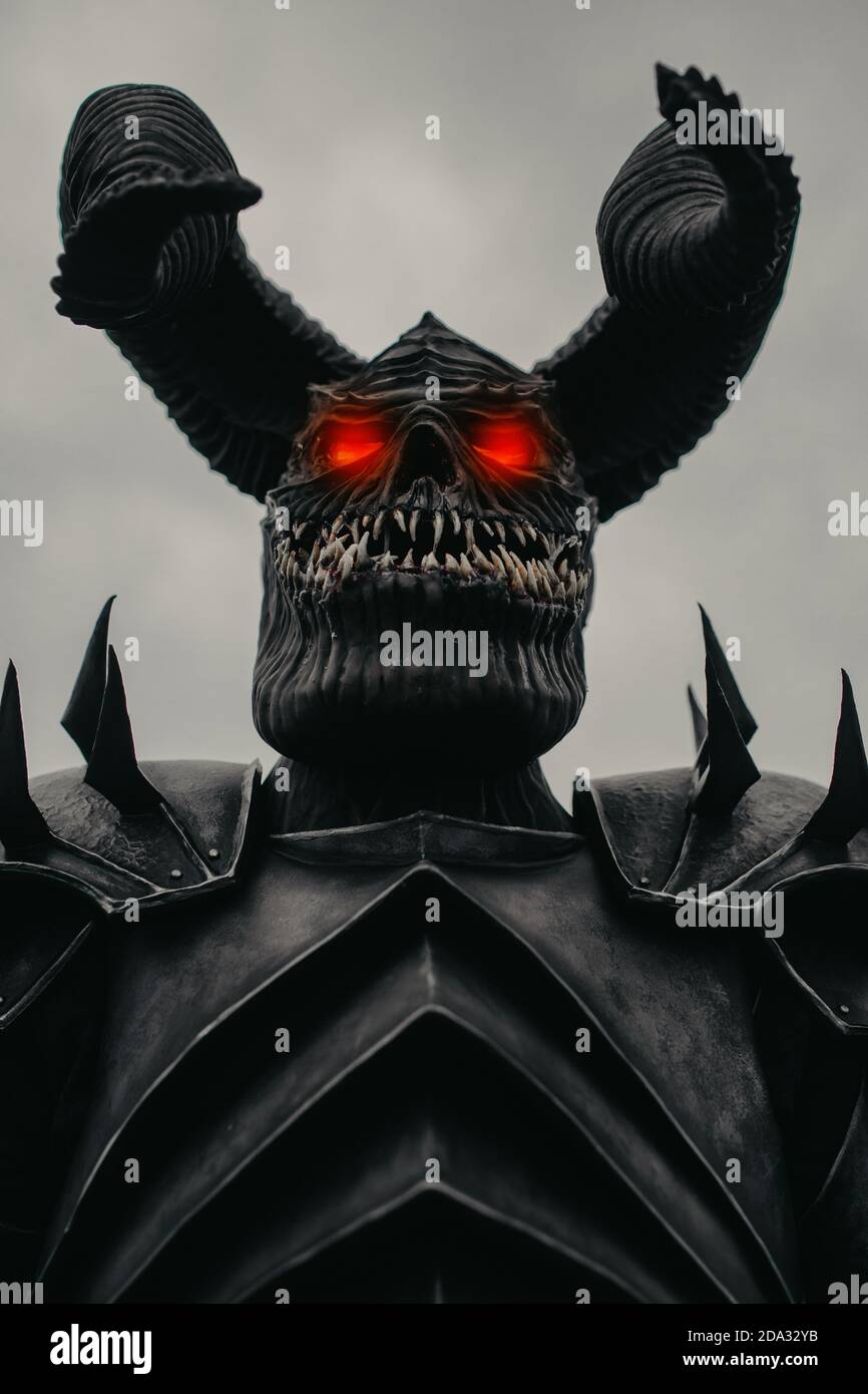Portrait of a mutant warrior in armor with terrible teeth, horns and ...