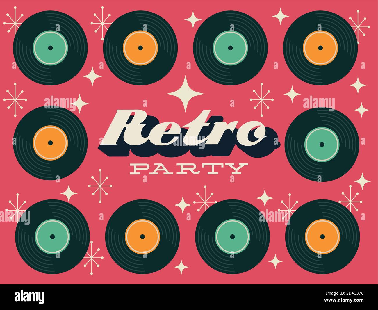 party retro style poster with vinyl disks frame vector illustration ...