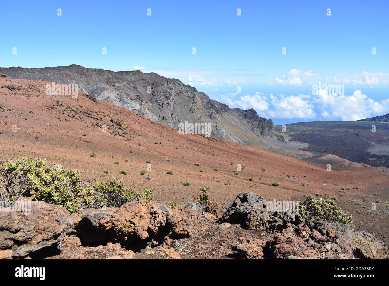 Closeup shot of the Maui Volcano shield with the panoramic rocky ...