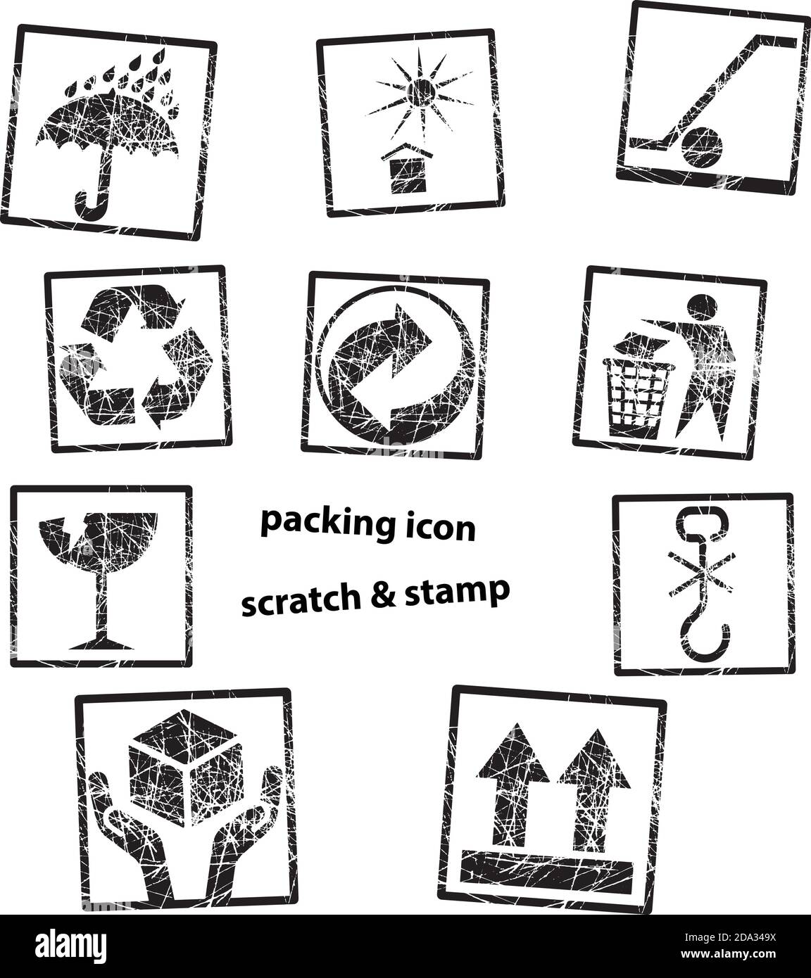 Handling & packing icon set with scratch or grungy rubber stamp ...