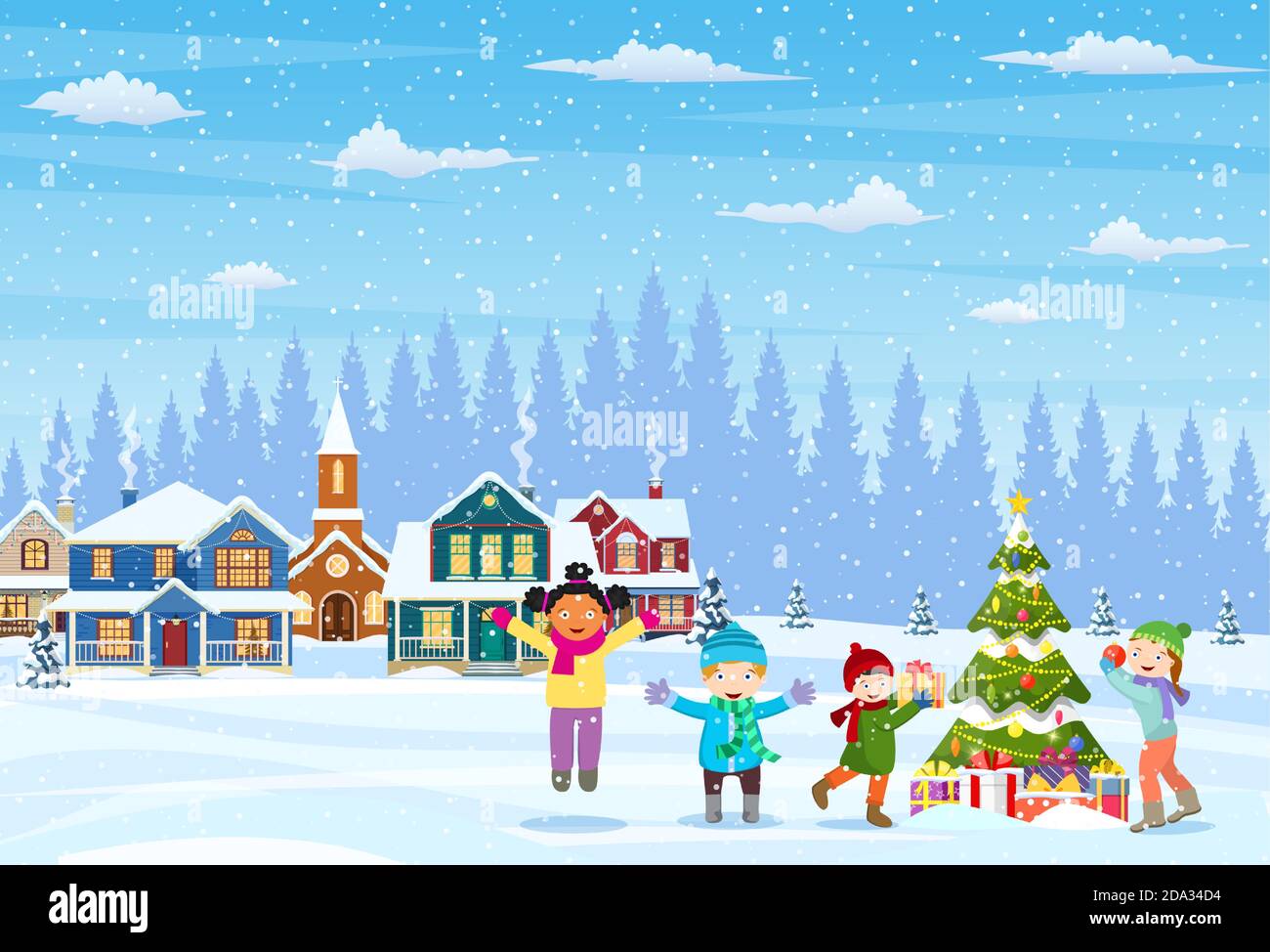 kids decorating a Christmas tree Stock Vector Image & Art - Alamy