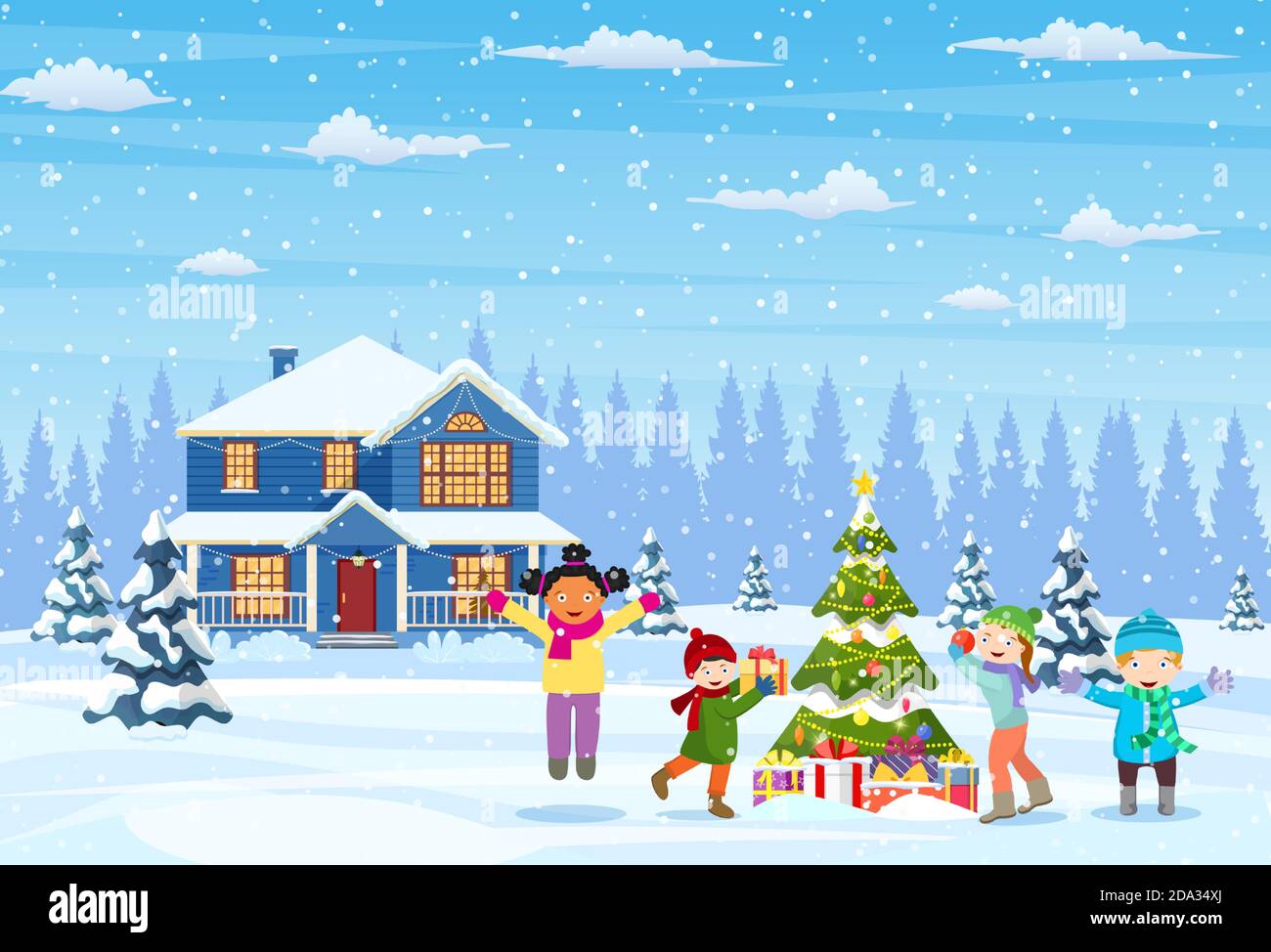 kids decorating a Christmas tree Stock Vector Image & Art - Alamy