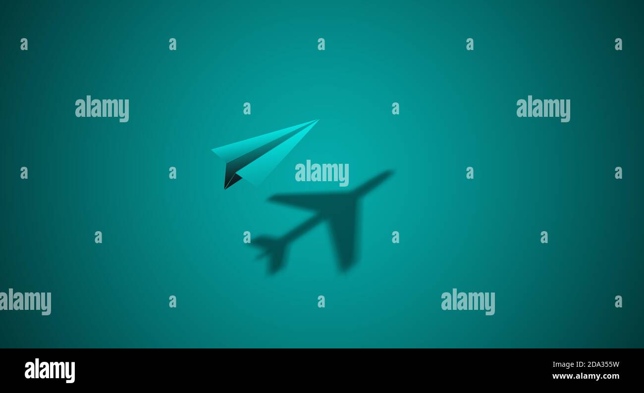 blue paper airplane on blue background with real plane shadow : Dream ...