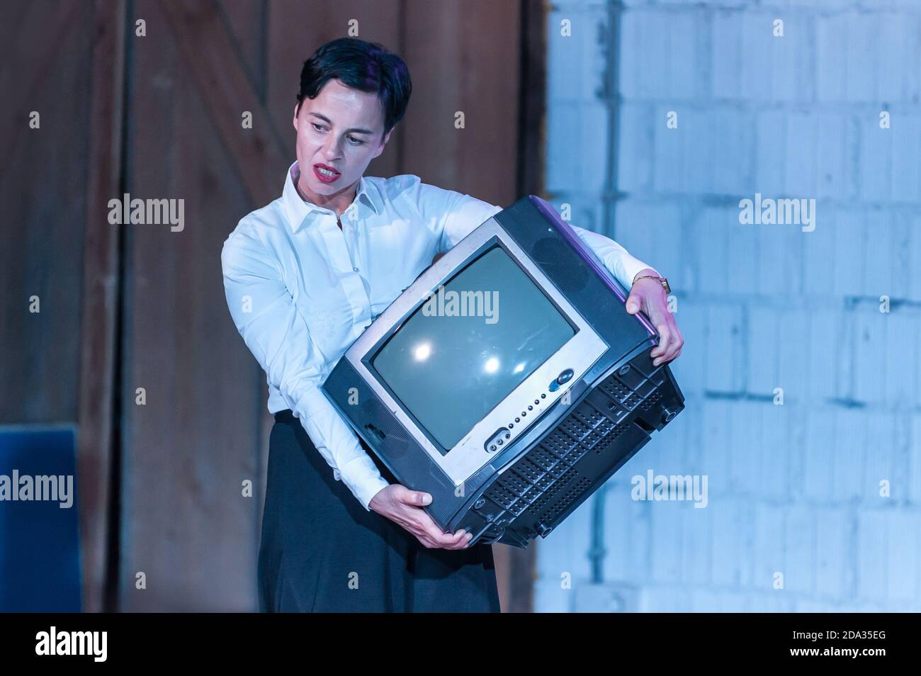 Theater actor artists on stage perform play for audience. Public ...